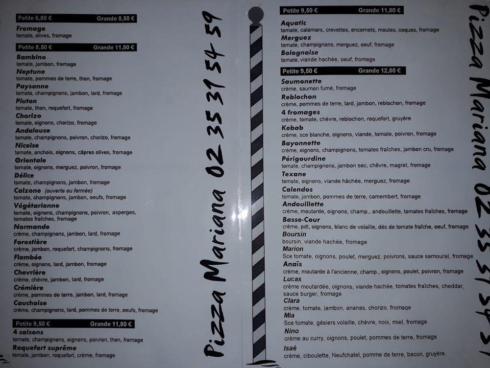 Menu au Pizza Mariana restaurant, Bolbec