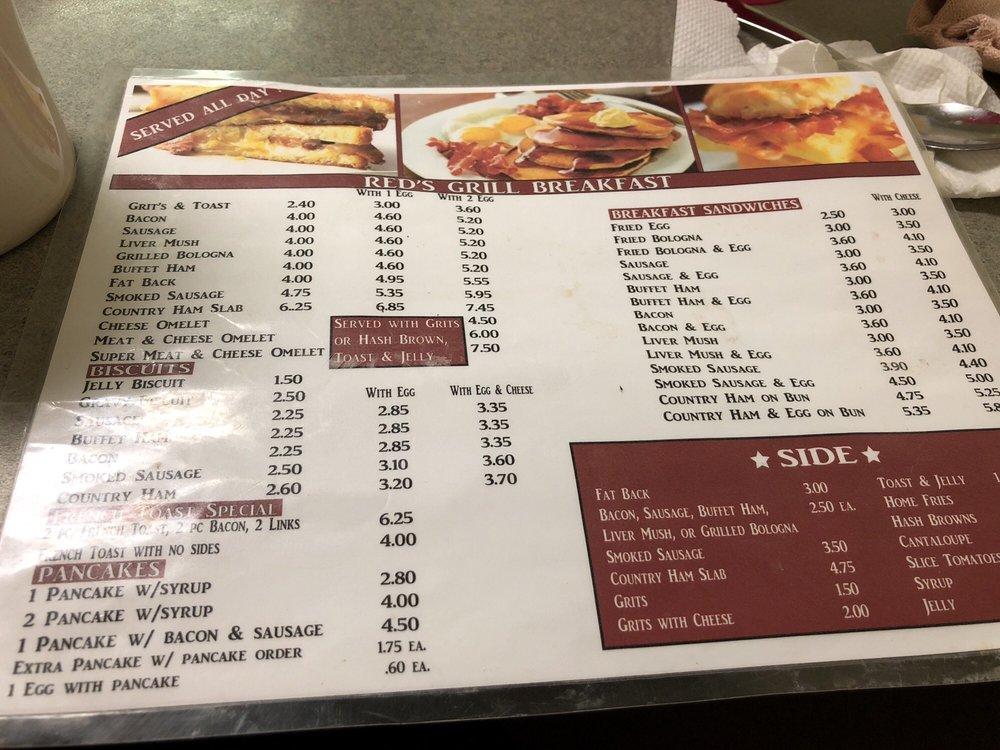 Menu at Red's Grill restaurant, Rock Hill