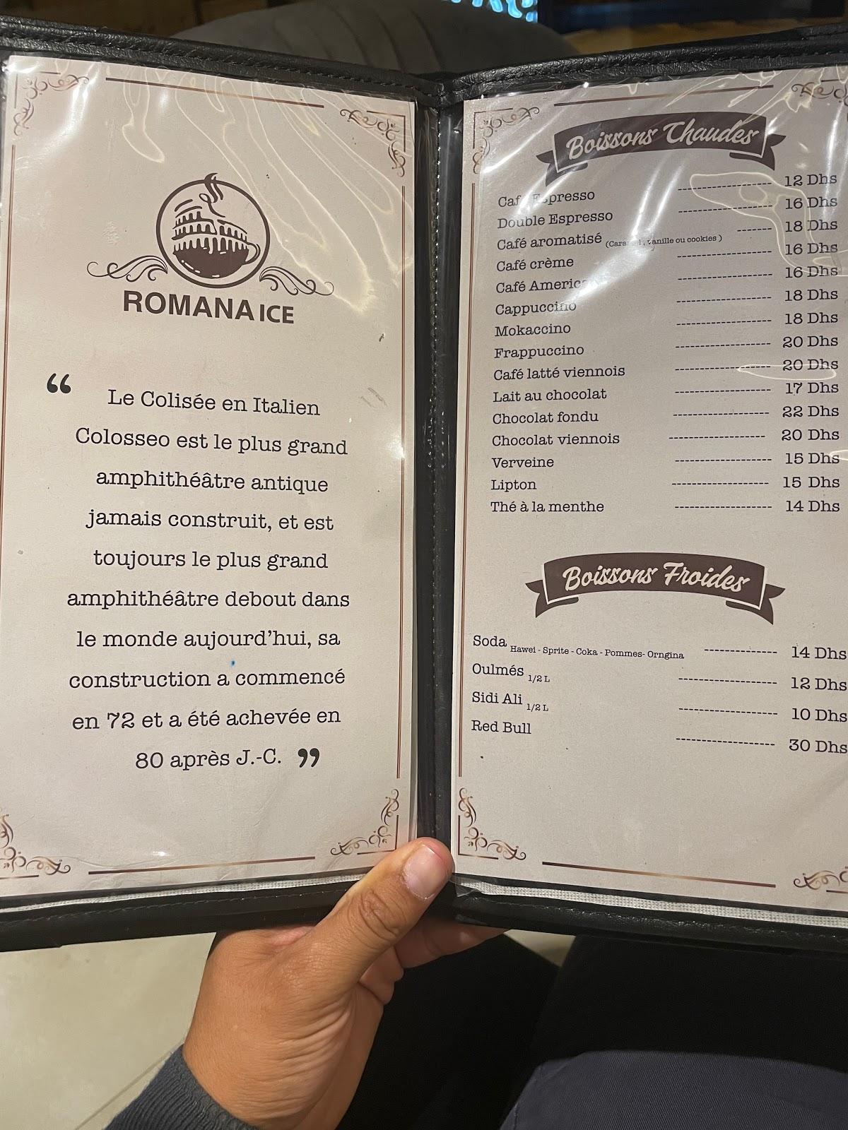 Menu au Romana Ice café, Casablanca