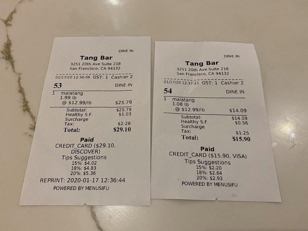 Menu at Tang Bar, San Francisco