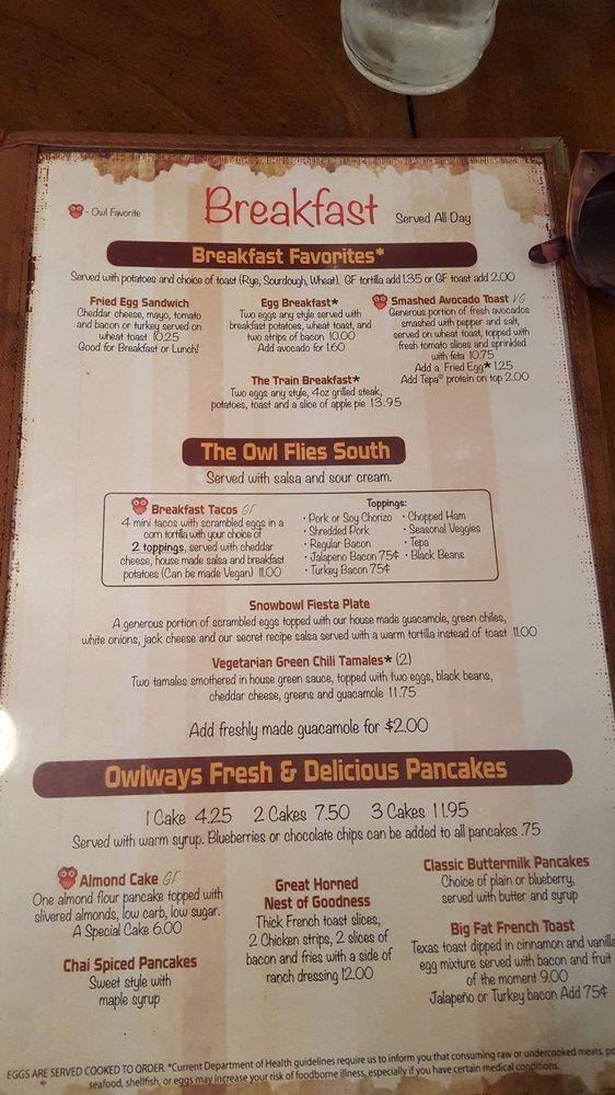 Menu at The Toasted Owl Cafe, Flagstaff