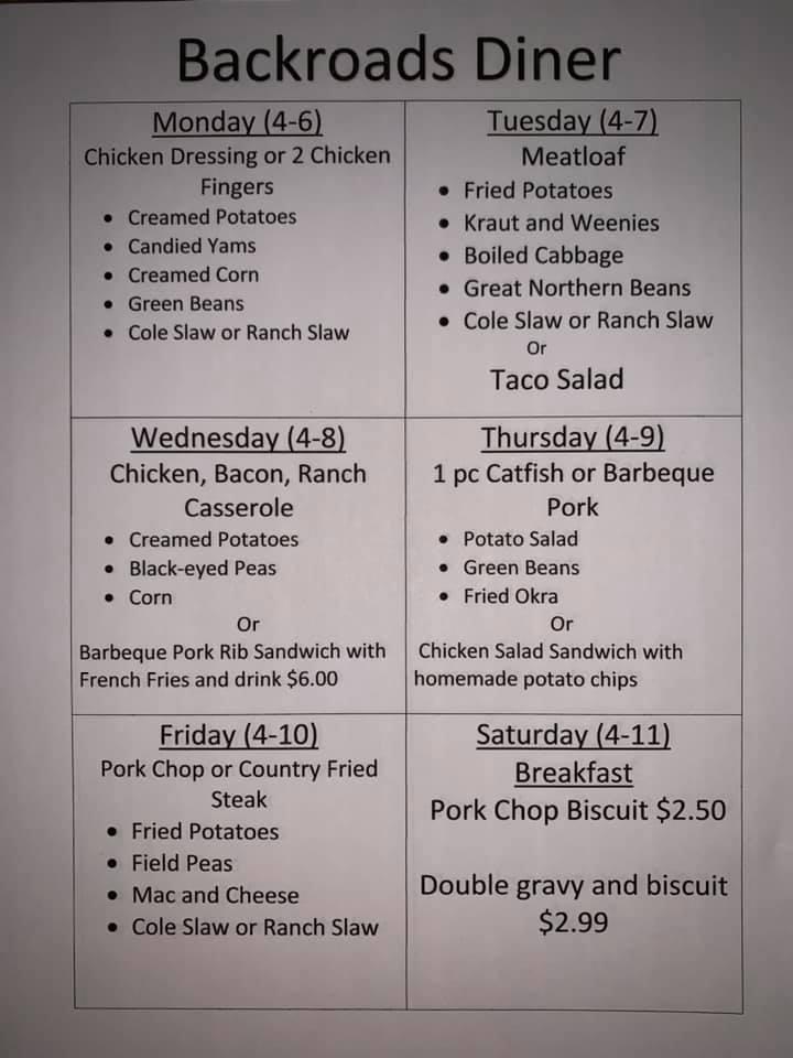 Menu at Backroads Diner BBQ, Arab