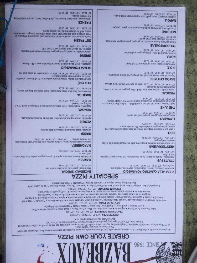 Menu at Bazbeaux Pizza pizzeria, Indianapolis, 811 E Westfield Blvd