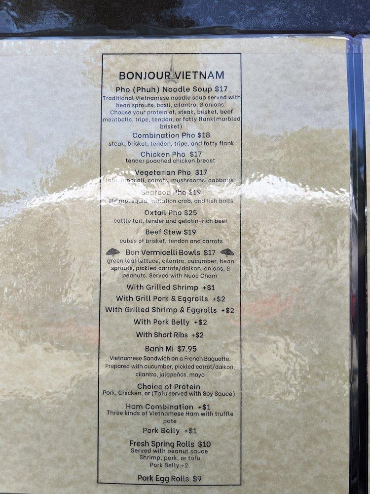 Menu at Bonjour Vietnam restaurant, Seattle