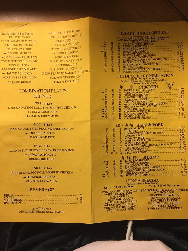 Menu at Heng's Café restaurant, Yuba City