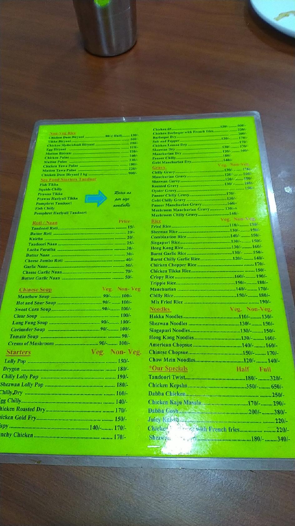 Menu at Sai Kinara, Pilerne