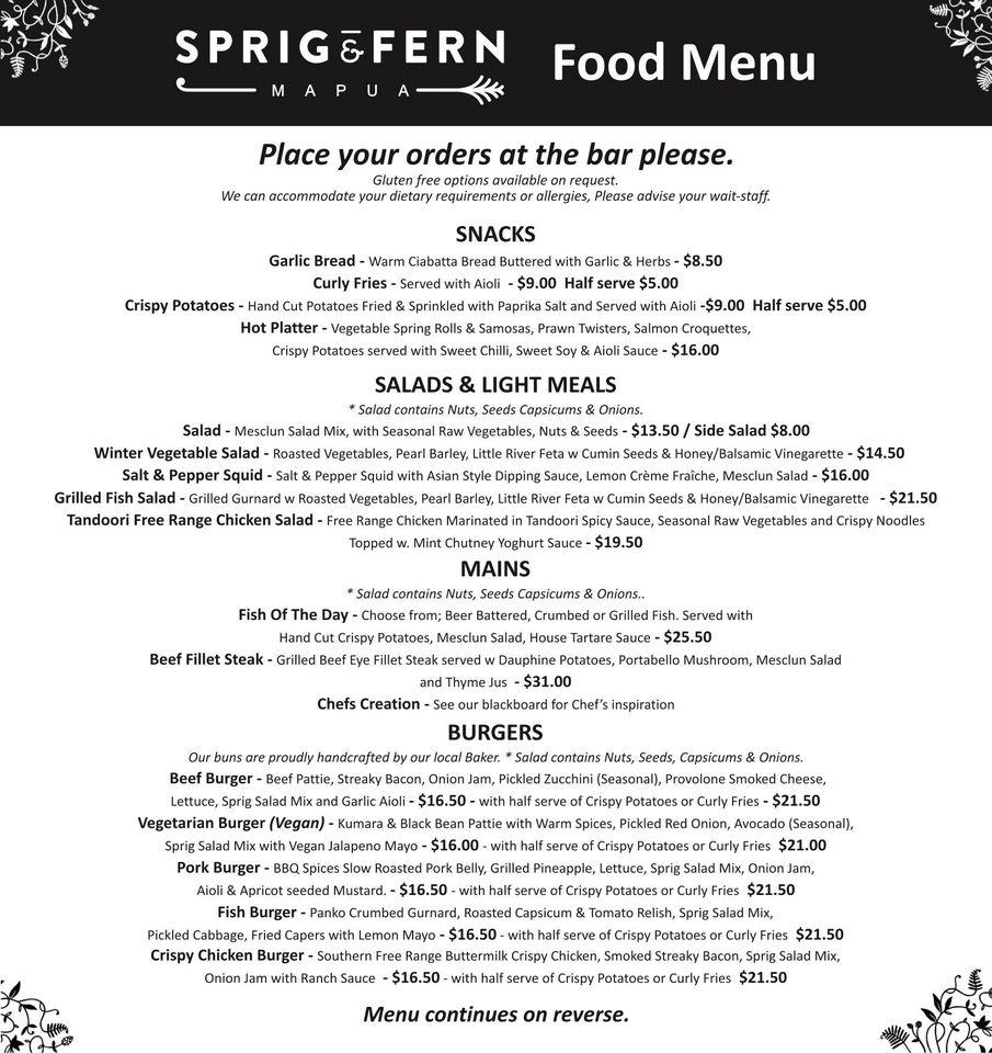 Menu at Sprig & Fern Mapua pub & bar, Mapua, 67 Aranui Street