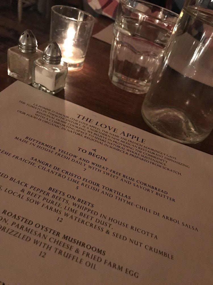Menu at The Love Apple restaurant, Taos