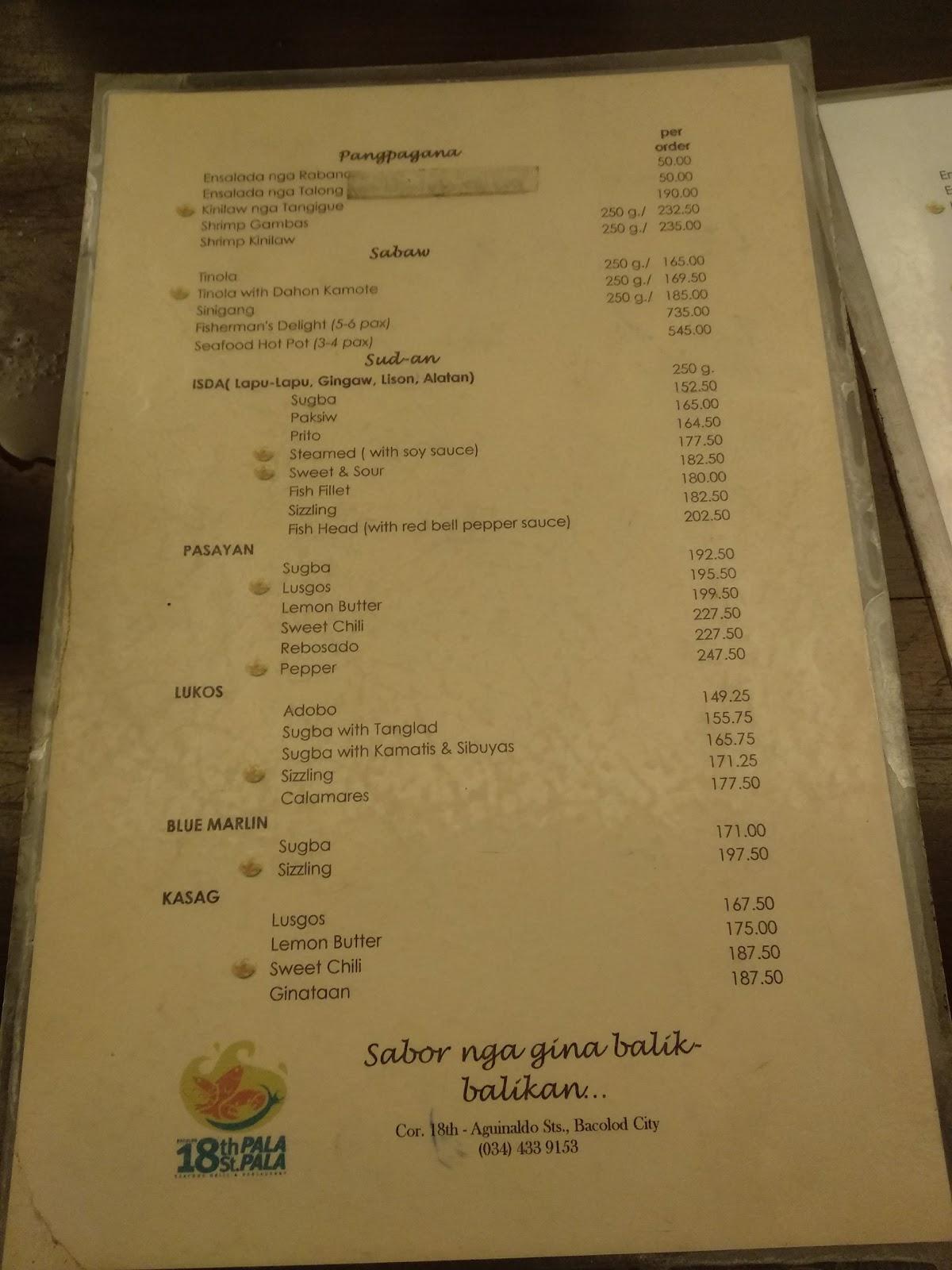 Menu at Bacolod 18th St.Palapala Seafood Grill & Restaurant, Bacolod