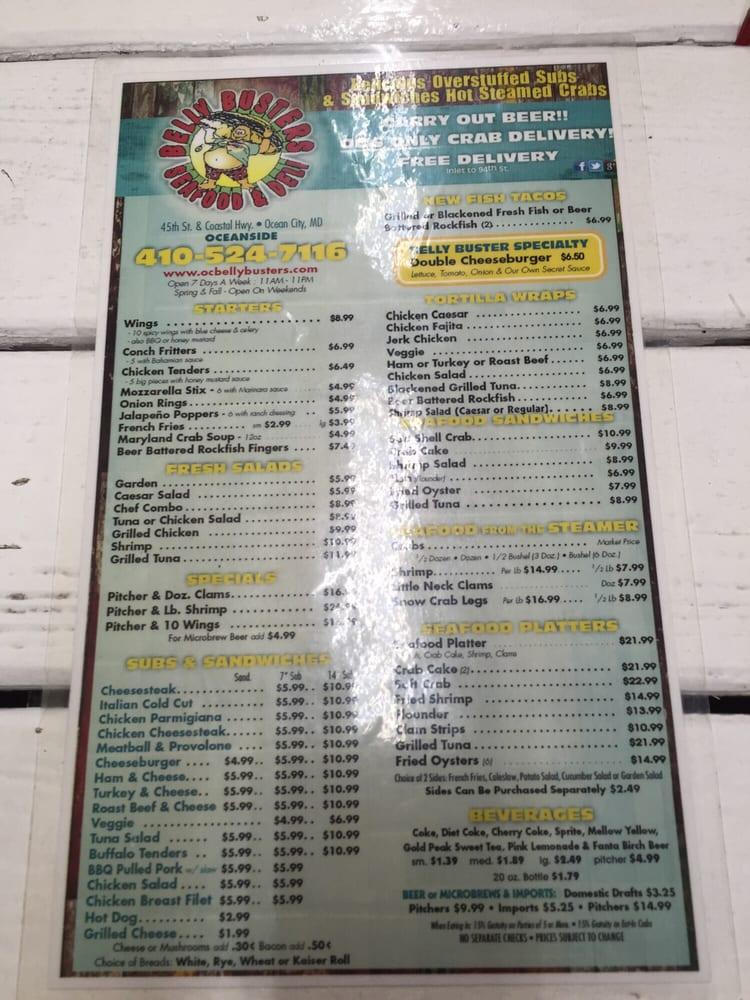 Menu at Belly Busters restaurant, Ocean City