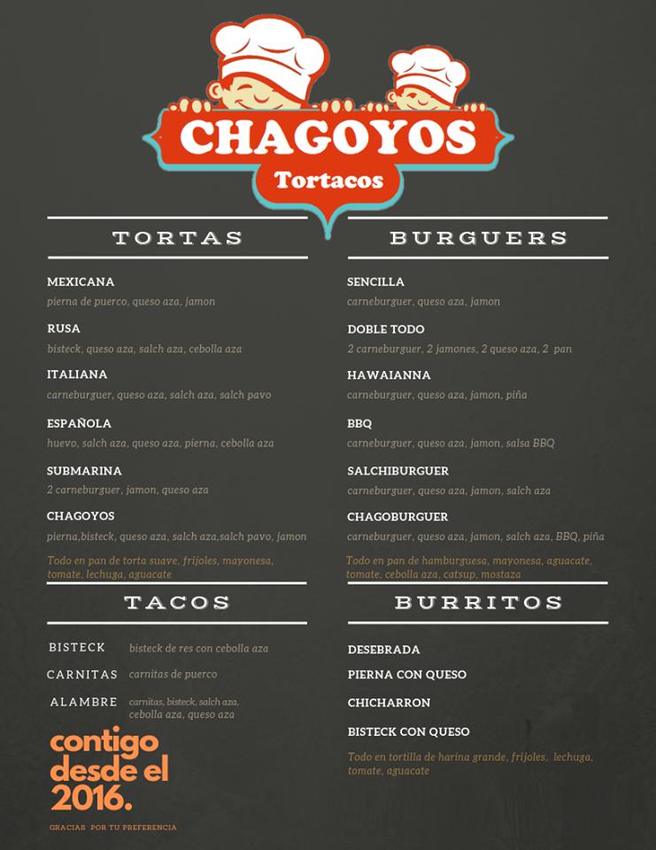 Carta del restaurante Chagoyos Tortas, Real del Palmas