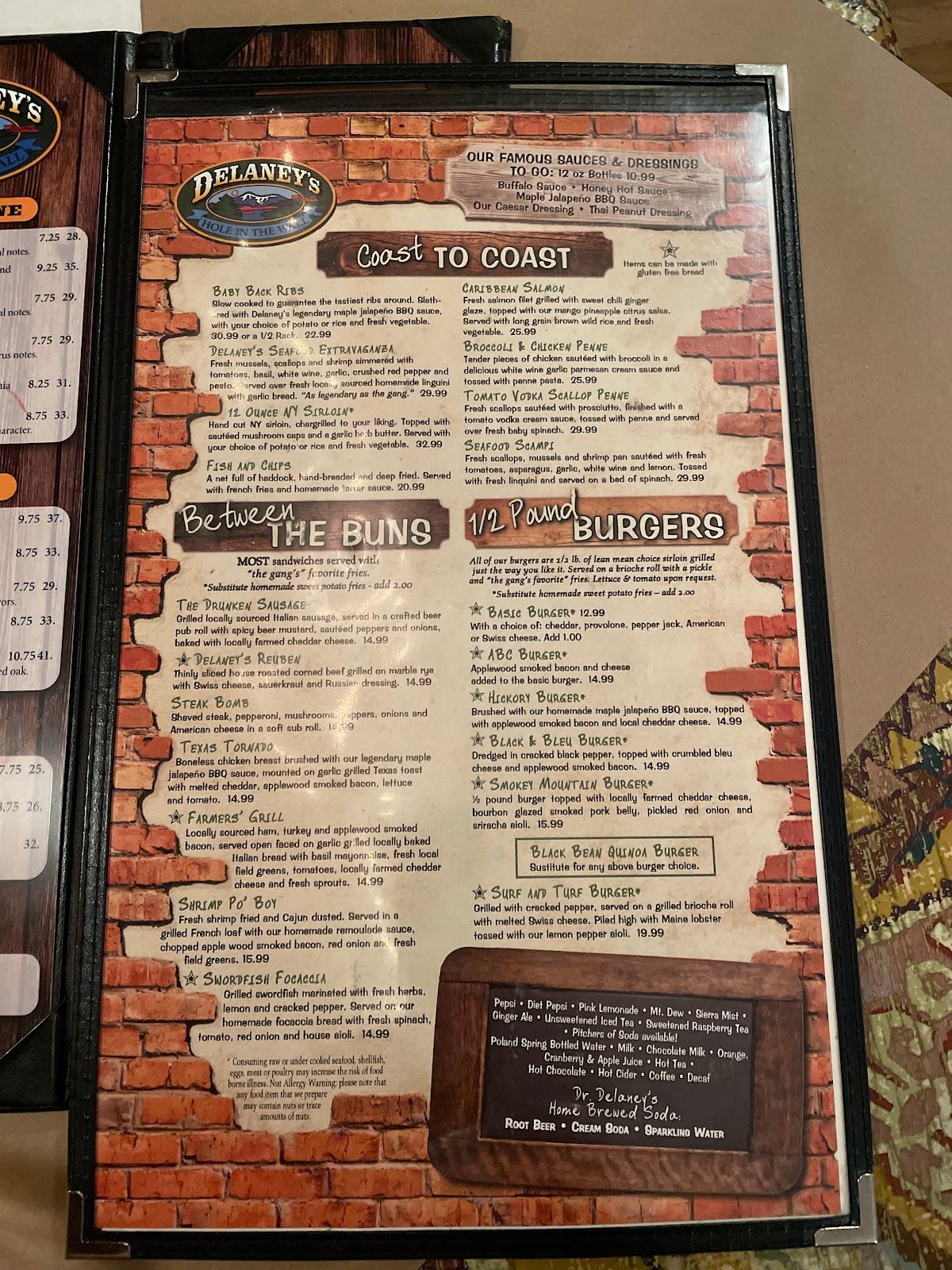 Menu at Delaney's Hole In the Wall restaurant, Conway