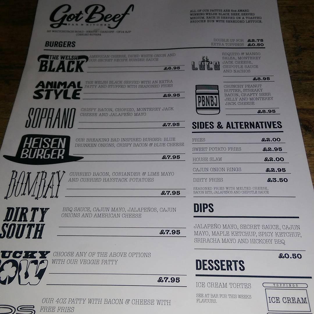 Menu at Got Beef fast food, Cardiff, 83 Whitchurch Rd