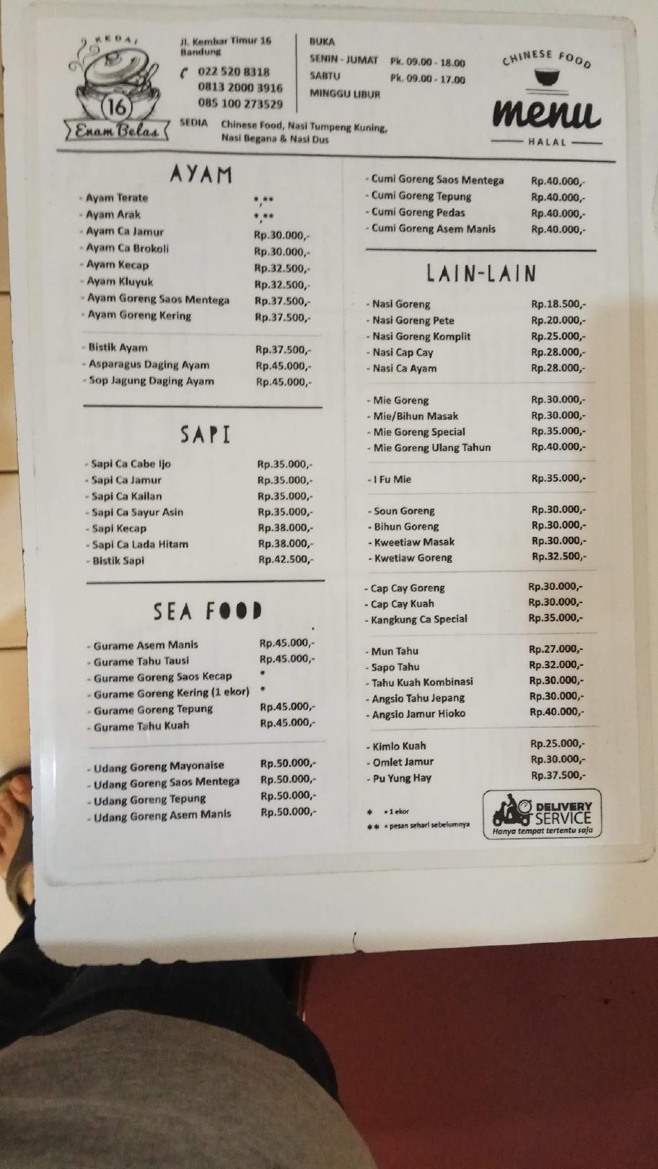 Menu at Kedai 16 Chinese Food Halal restaurant, Bandung