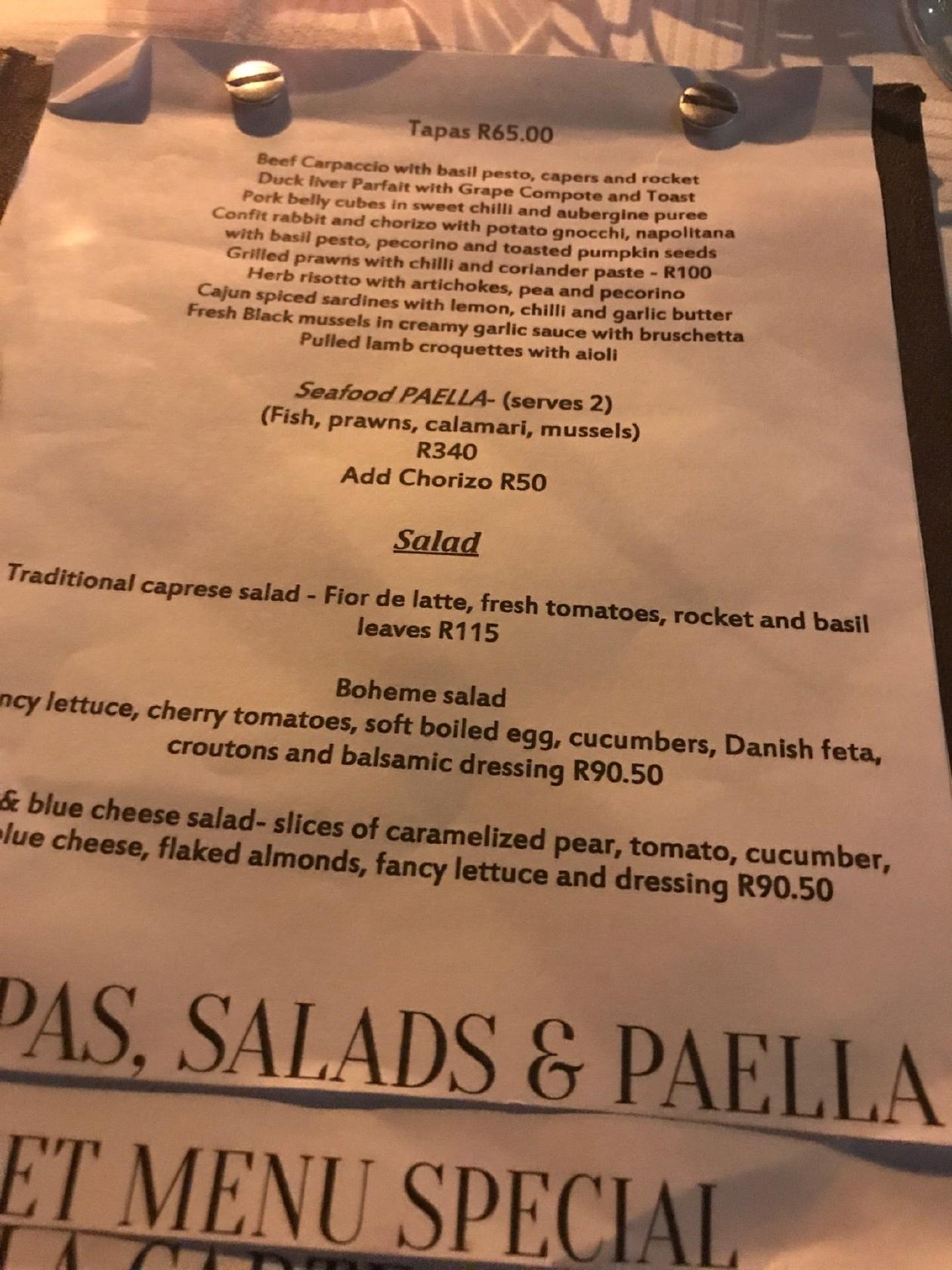 Menu at La Boheme Wine Bar & Bistro, Cape Town