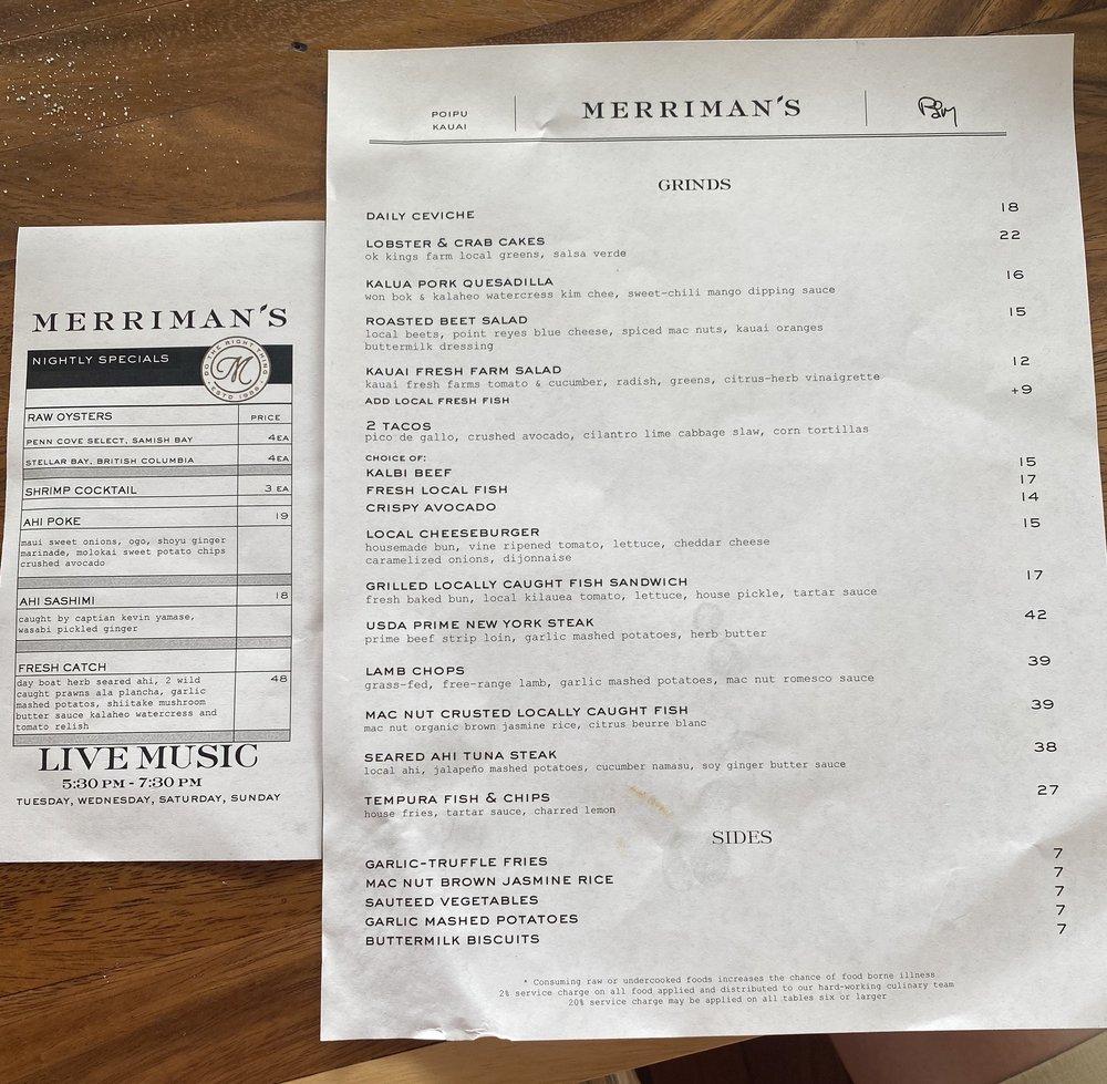 Menu at Merriman's Kauai restaurant, Koloa, Ala Kalanikaumaka St