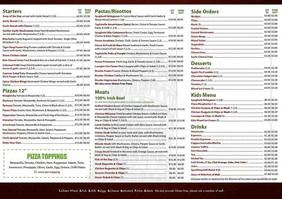 Menu at Restaurant Uno's, Tralee
