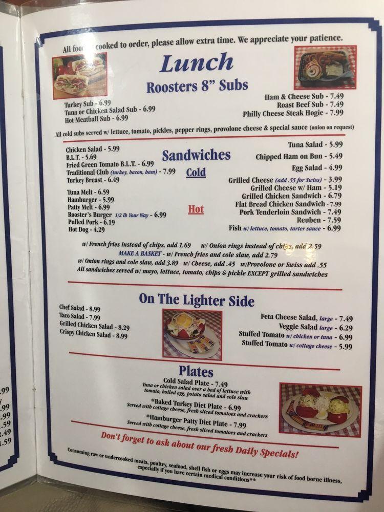 Menu at Roosters Cafe, Brooksville