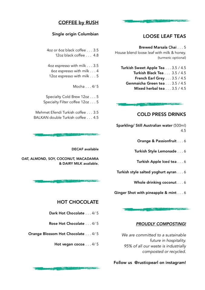 Menu at Rustic Pearl cafe, Surry Hills
