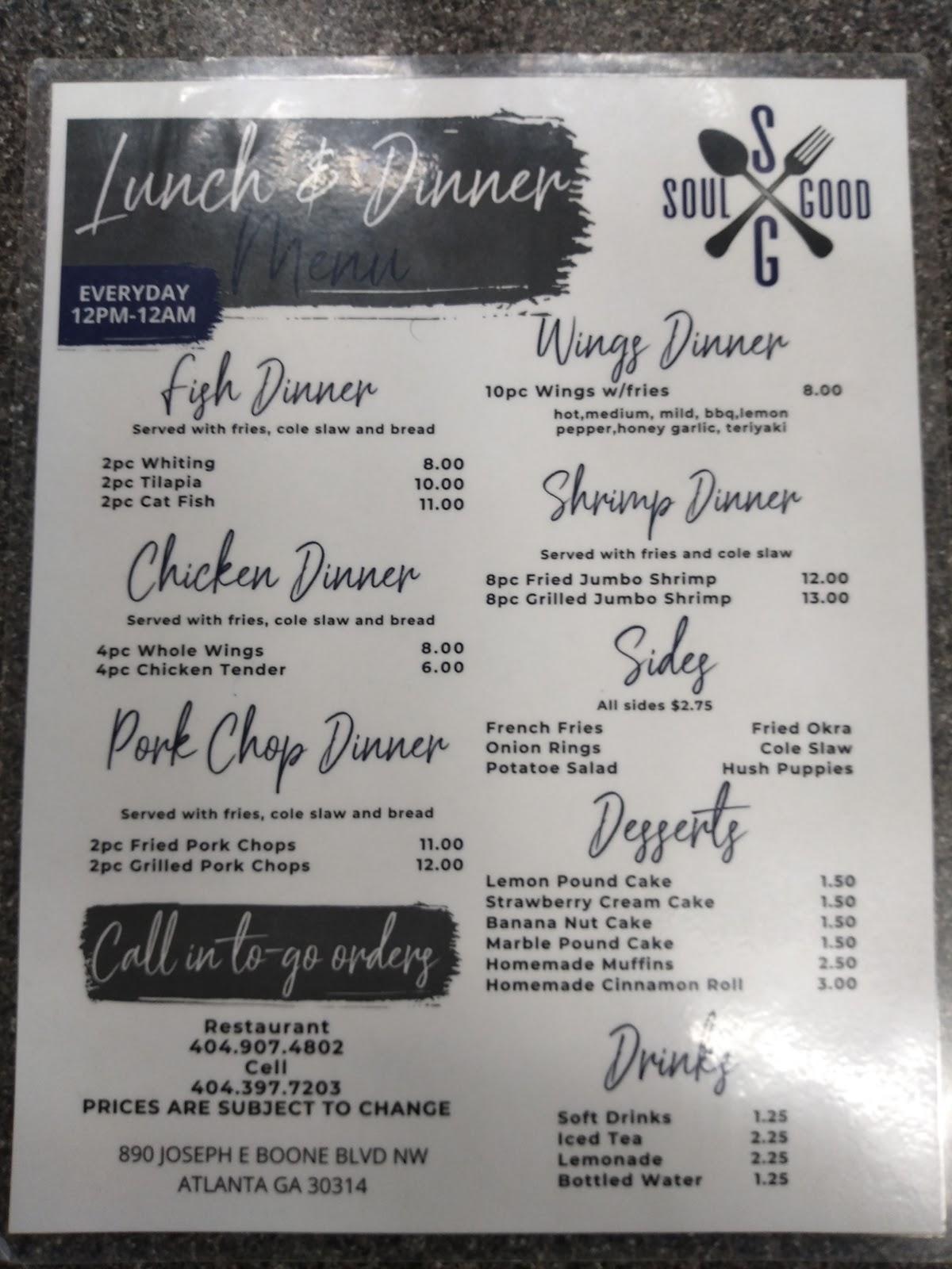 Menu at Soul Good Fine Food restaurant, Atlanta