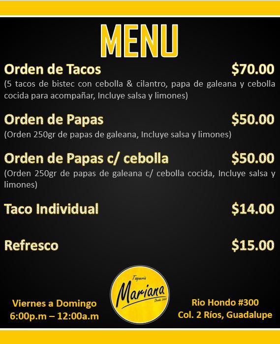 Menu at Tacos Mariana restaurant, Guadalupe
