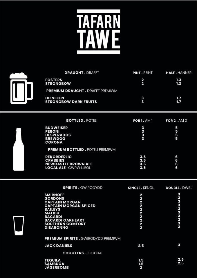 Menu at Tafarn Tawe pub & bar, Llansamlet