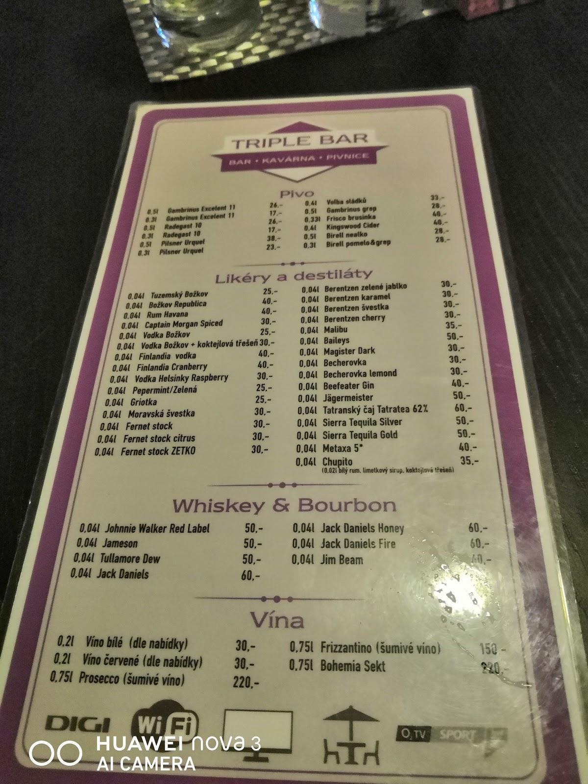 Menu at Triple Bar, Prelouc