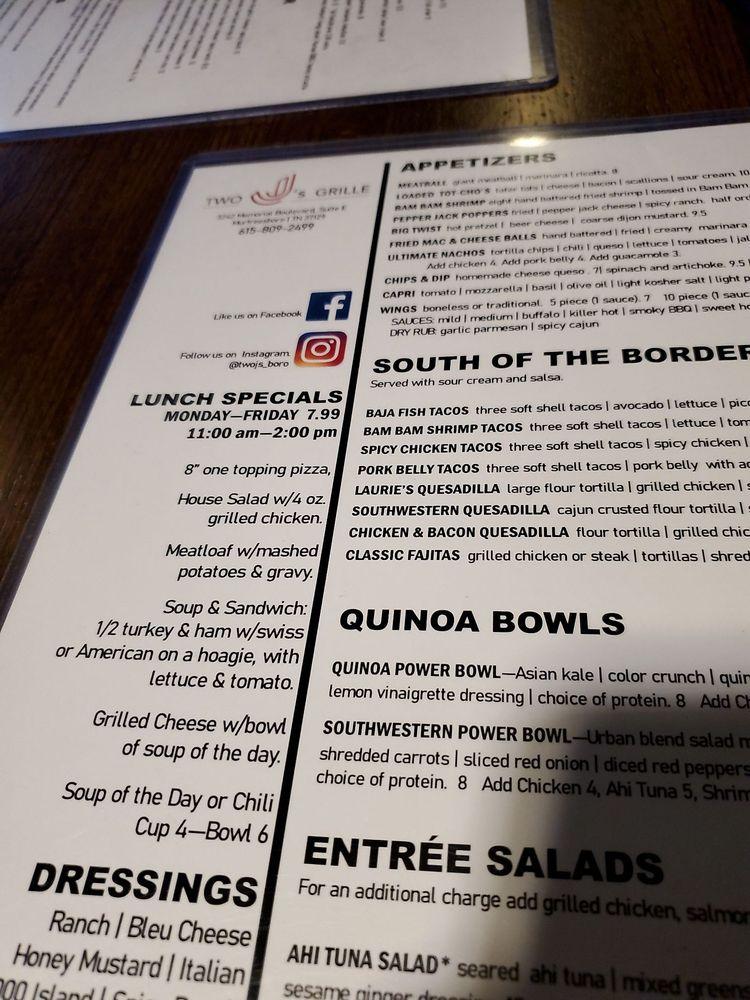 Menu at Two J's Grille pub & bar, Murfreesboro