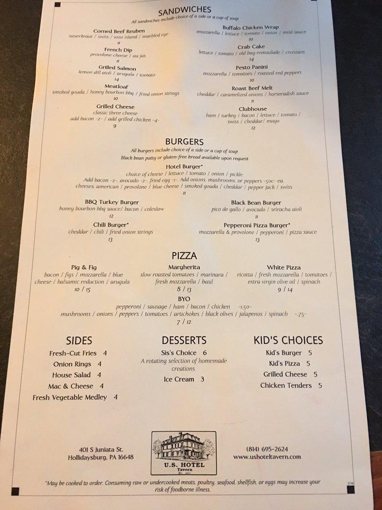 Menu at US Hotel Tavern restaurant, Hollidaysburg