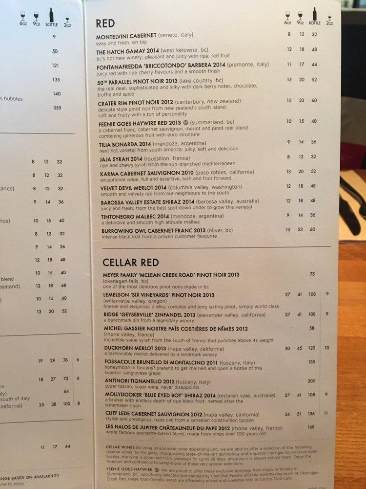 Menu at Cactus Club Cafe Coal Harbour, Vancouver