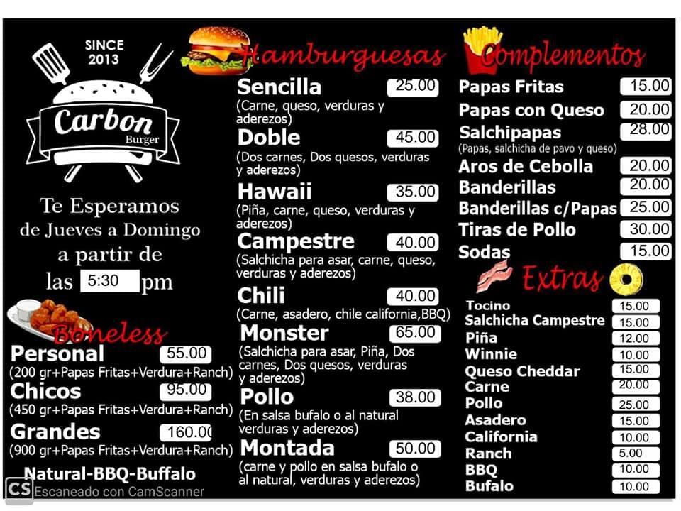 Menu at Carbón Burger restaurant, Ciudad Juarez