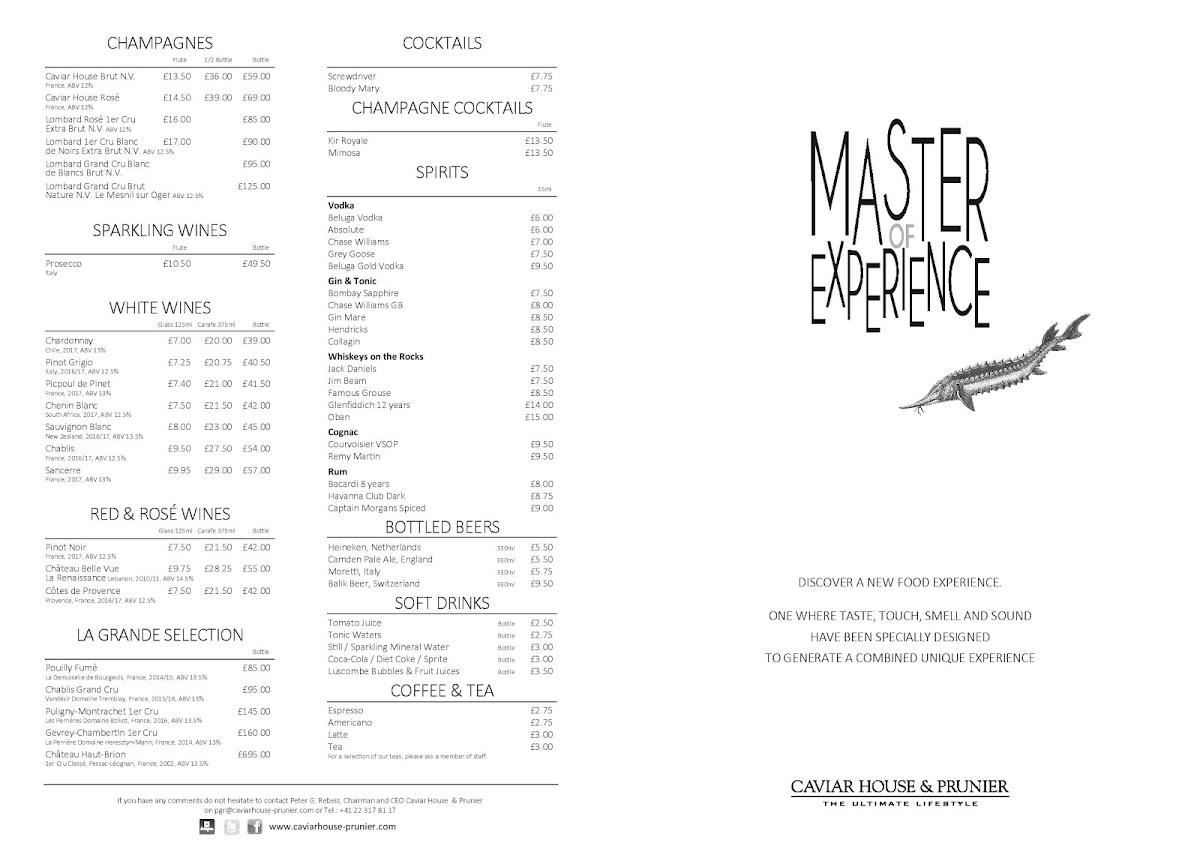 Menu at Caviar House & Prunier Seafood Bar, Harmondsworth, Heathrow Airport