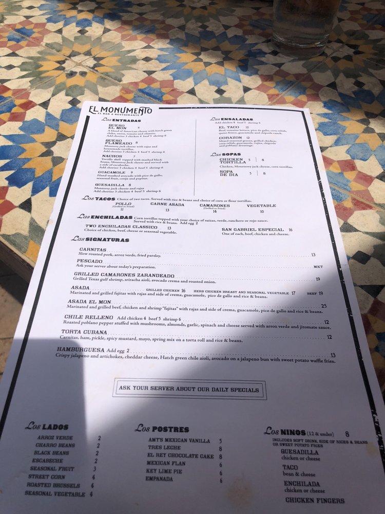 Menu at El Monumento pub & bar, Georgetown