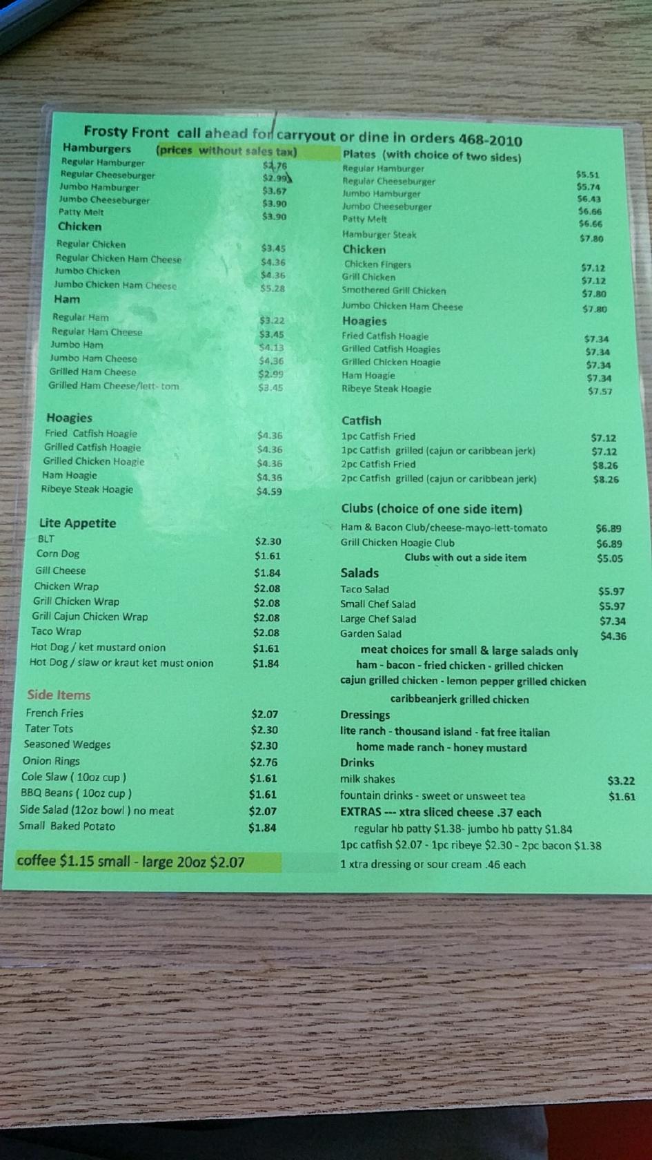Menu at Frosty Front restaurant, Guin