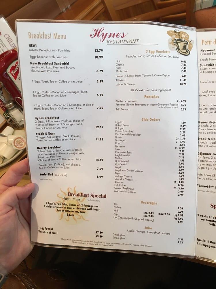 Menu at Hynes Restaurant, Moncton