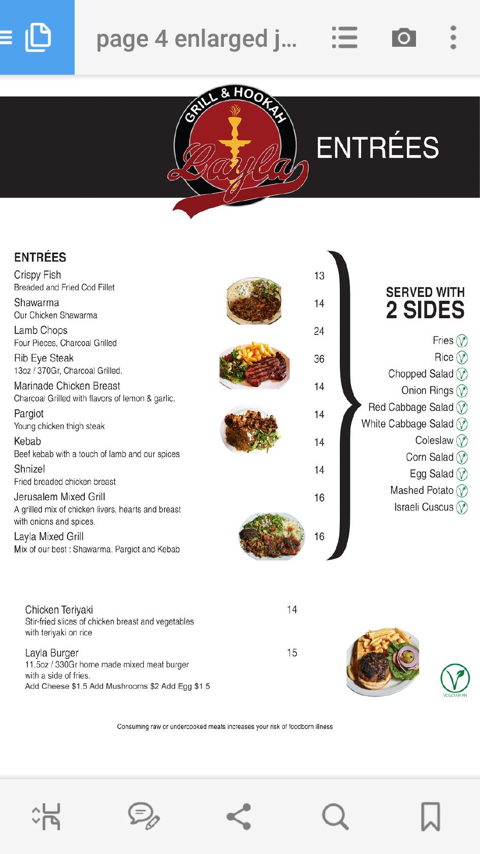 Menu at Layla Grill & Hookah pub & bar, Las Vegas