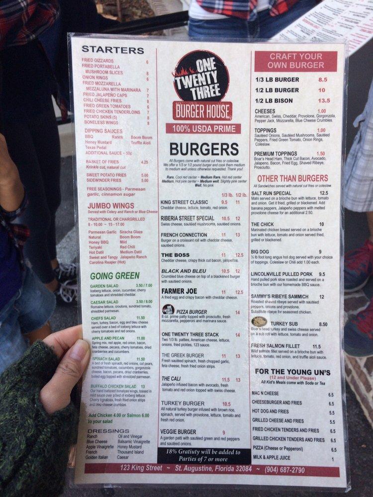 Menu at One Twenty Three Burger House restaurant, St. Augustine