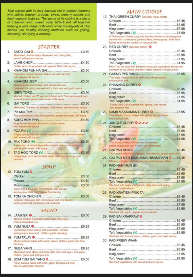 Menu at Sawadee Thai restaurant, Cardiff