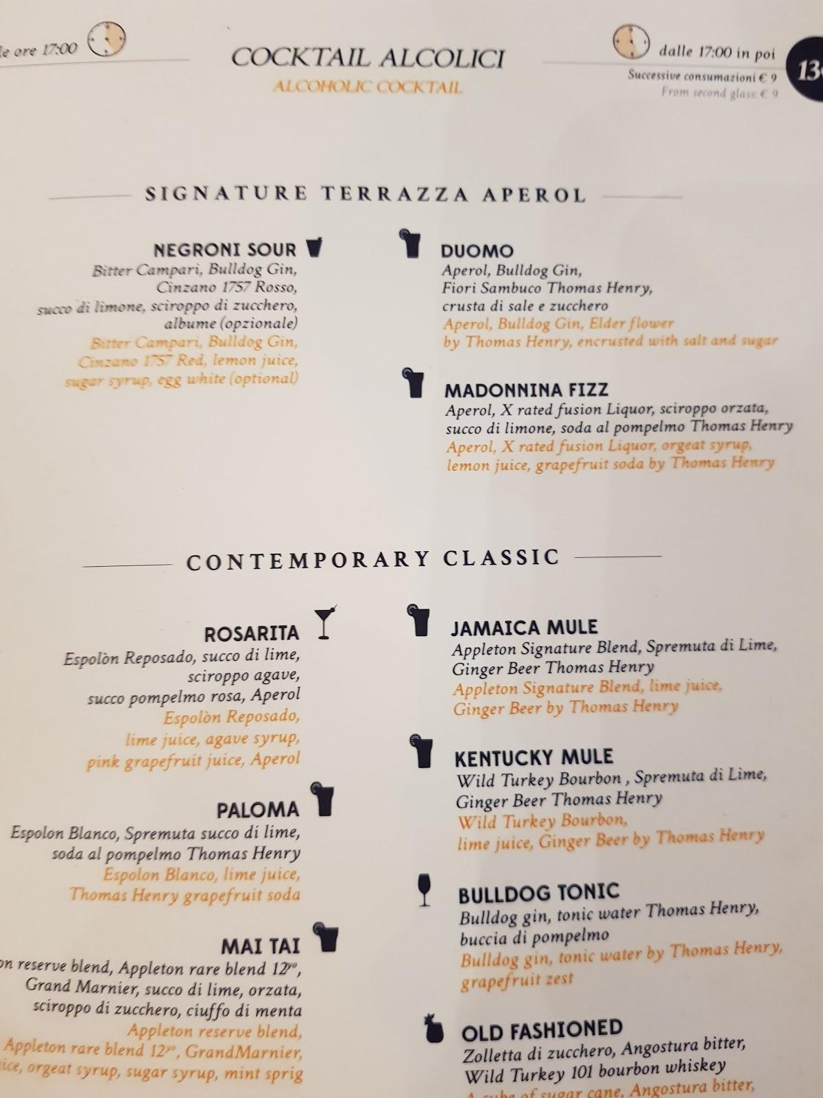 Menu da Terrazza Aperol caffè bar, Milano, Piazza del Duomo