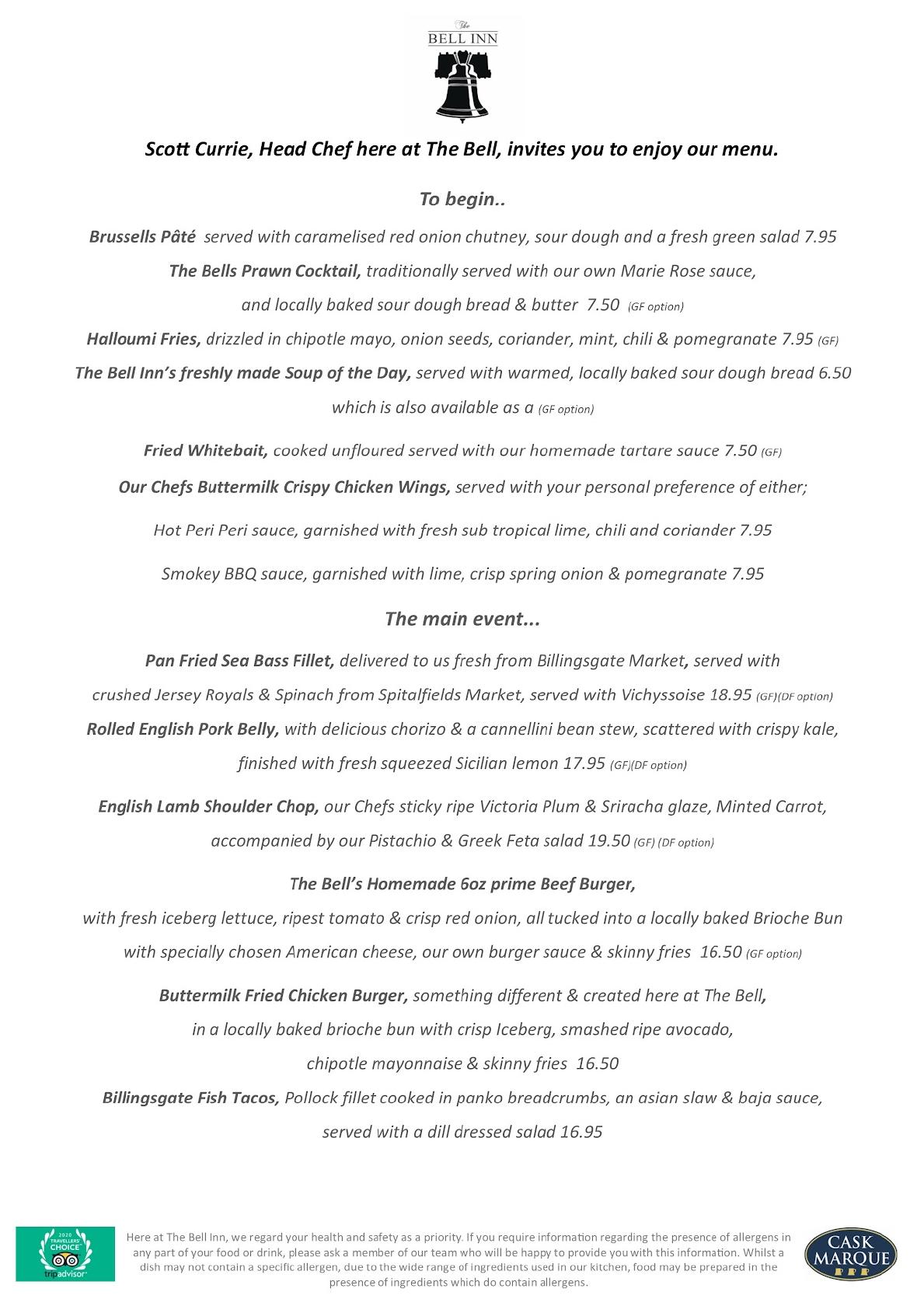 Menu at The Bell Inn, Outwood, Surrey. RH1 5PN restaurant, Outwood
