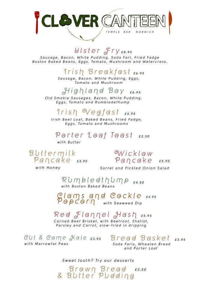 Menu at The Temple Bar, Norwich