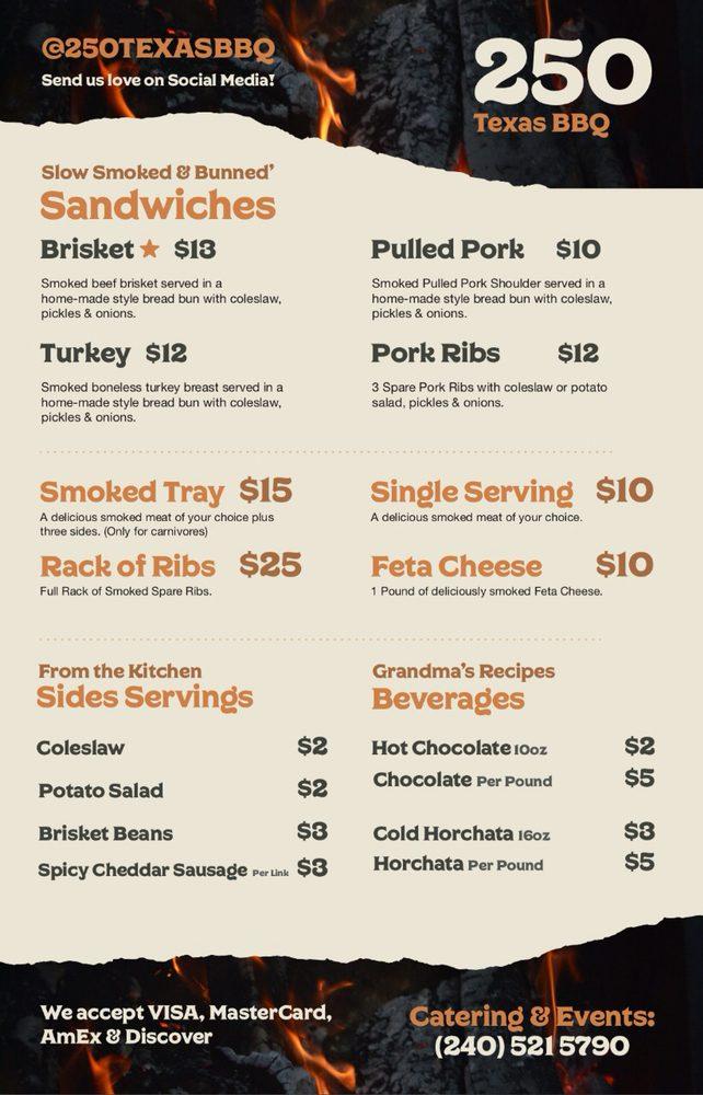Menu at 2Fifty Texas BBQ, Riverdale Park
