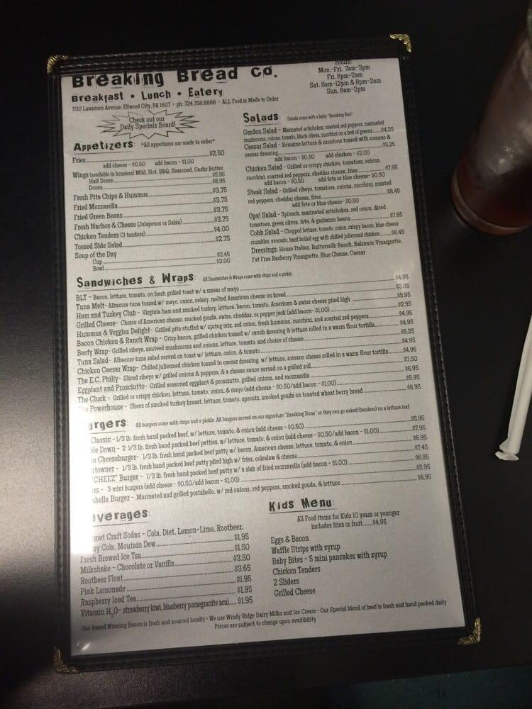 Menu at Breaking Bread Co. restaurant, Ellwood City