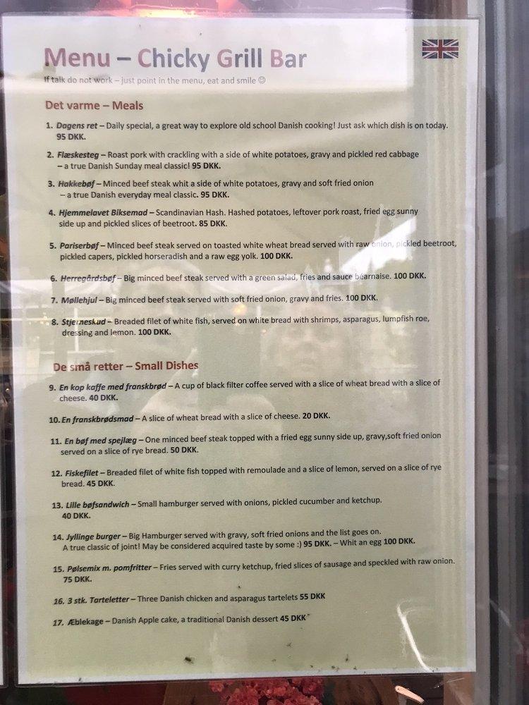 Menu at Chicky Grill Bar, Copenhagen