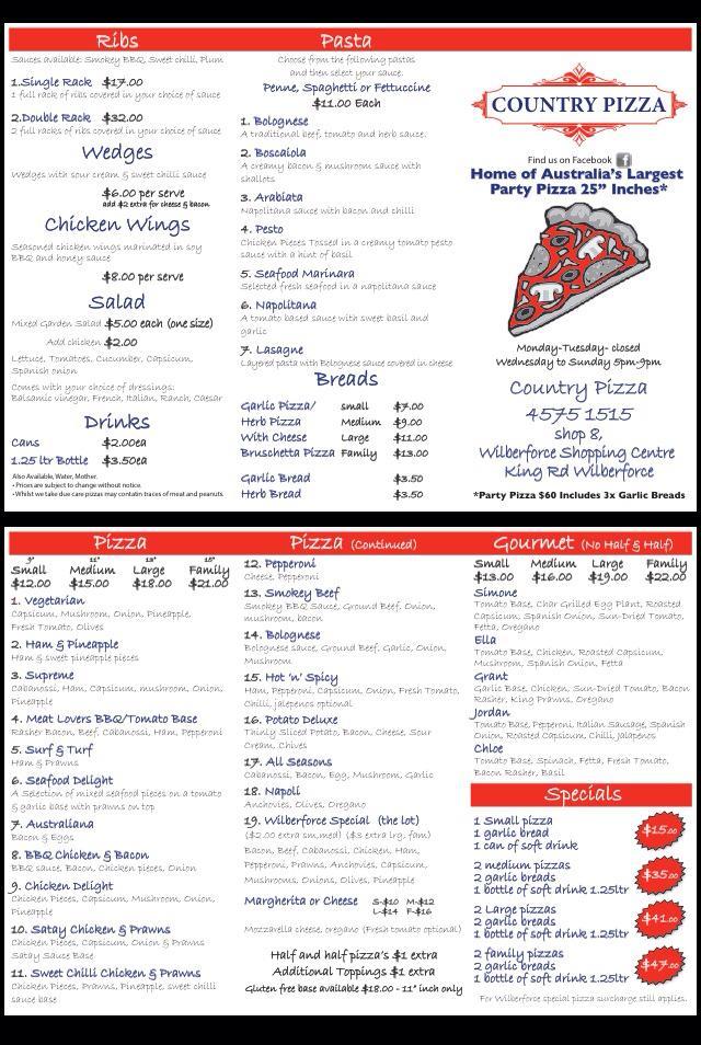 Menu at Country Pizza pizzeria, Wilberforce, 543 Wilberforce Rd
