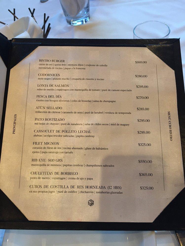 Menu at Cubo Bistro restaurant, Tijuana, Calle Paseo de los Heroes 9350