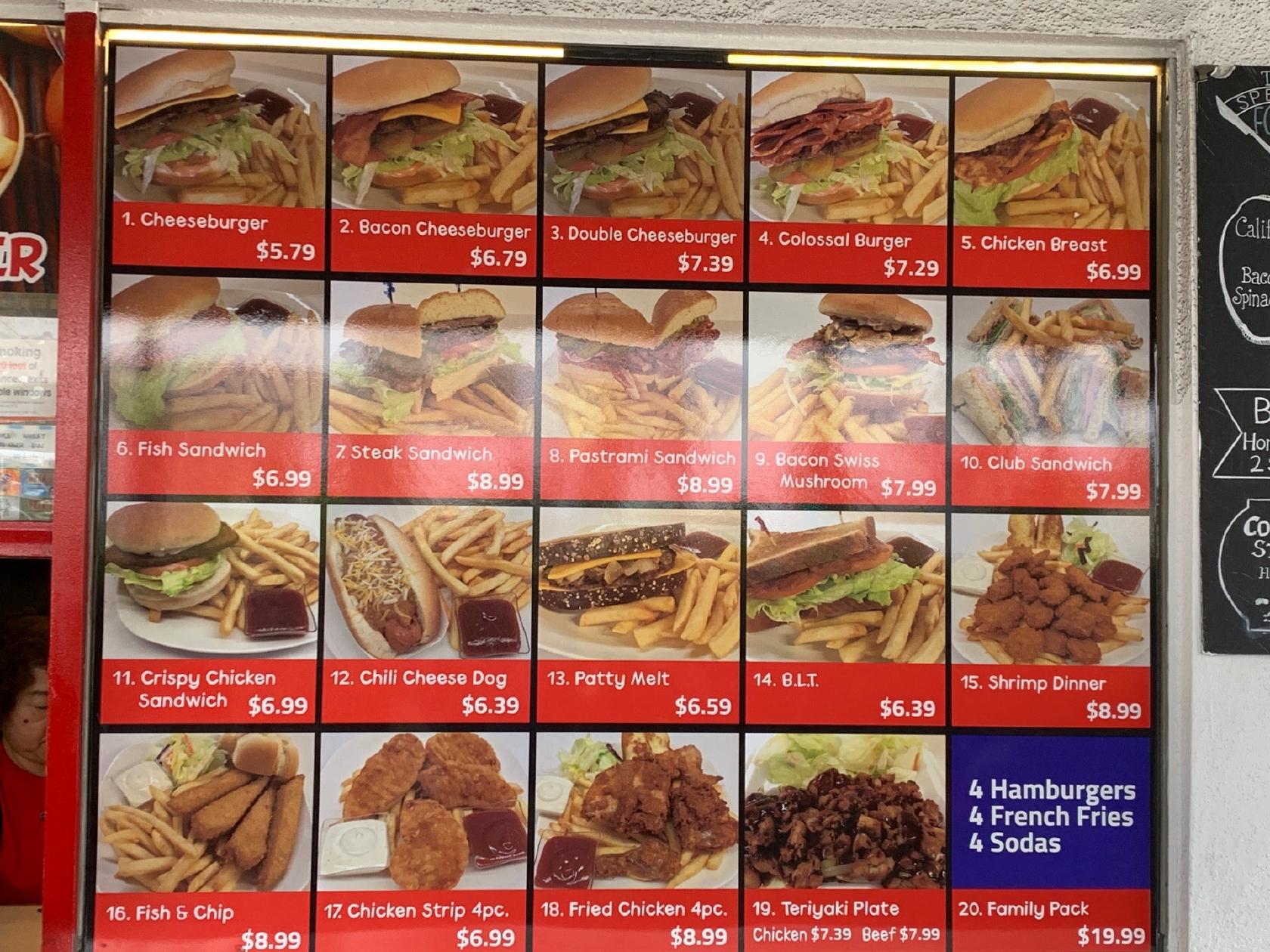 Menu at Jims Super Burgers fast food, Anaheim