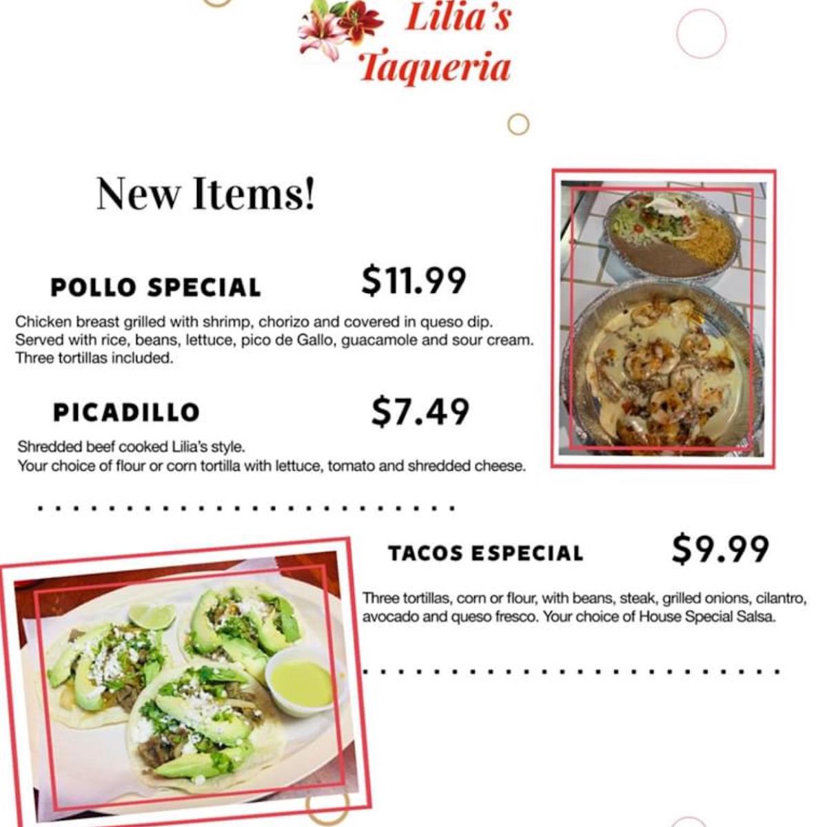 Menu at Lilia’s Taqueria restaurant, Houston