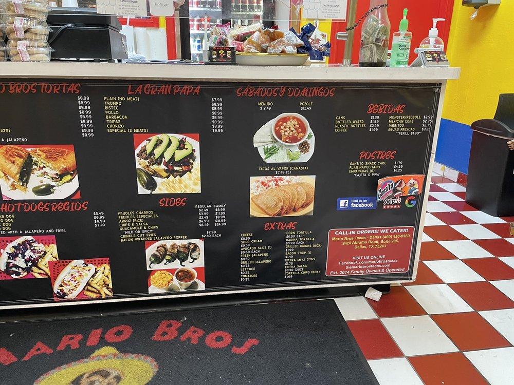 Menu at Mario Bros Tacos restaurant, Dallas, Abrams Rd Suite 206