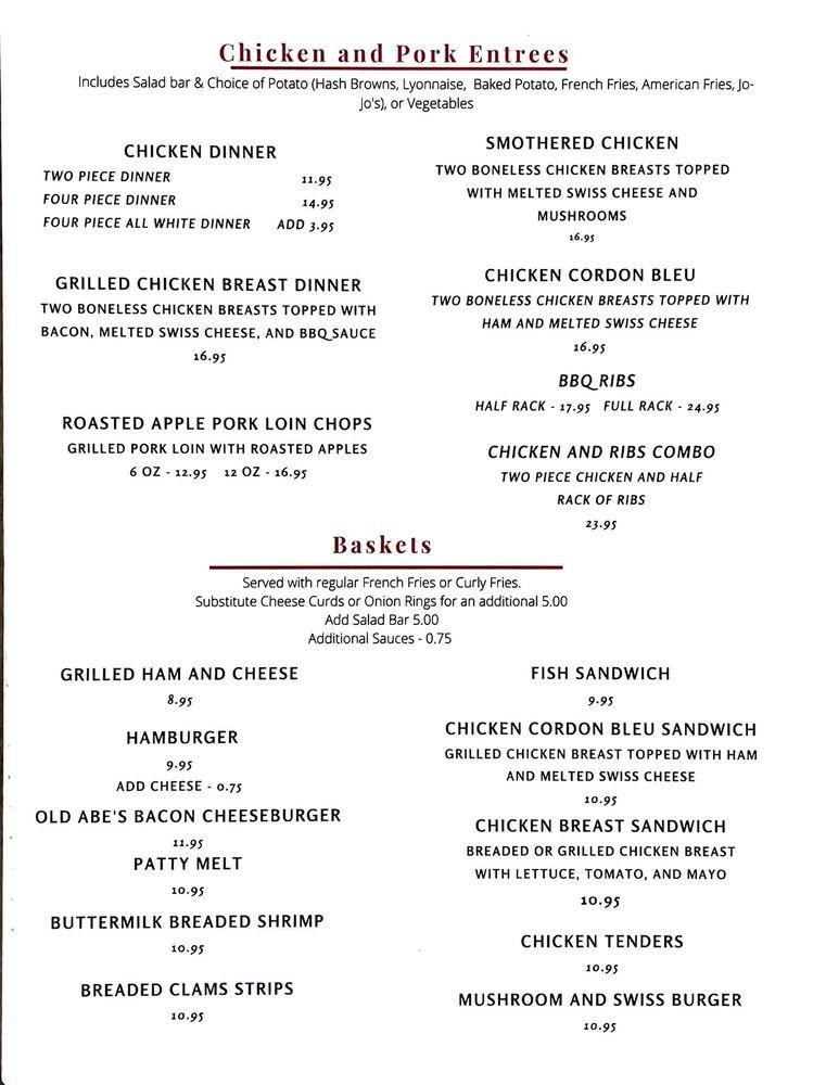 Menu at Old Abe's Supper Club, USA